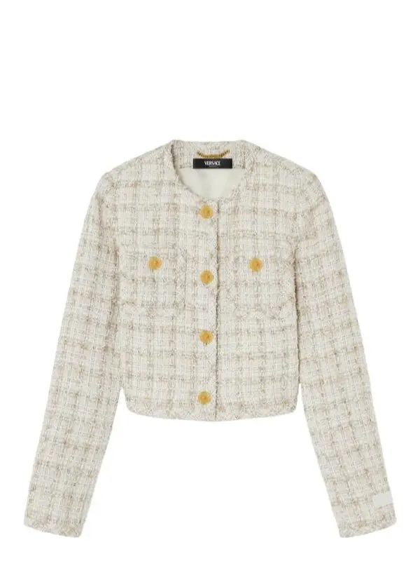 Versace Collarless Tweed Jacket With Medusa Buttons - White  Gold
