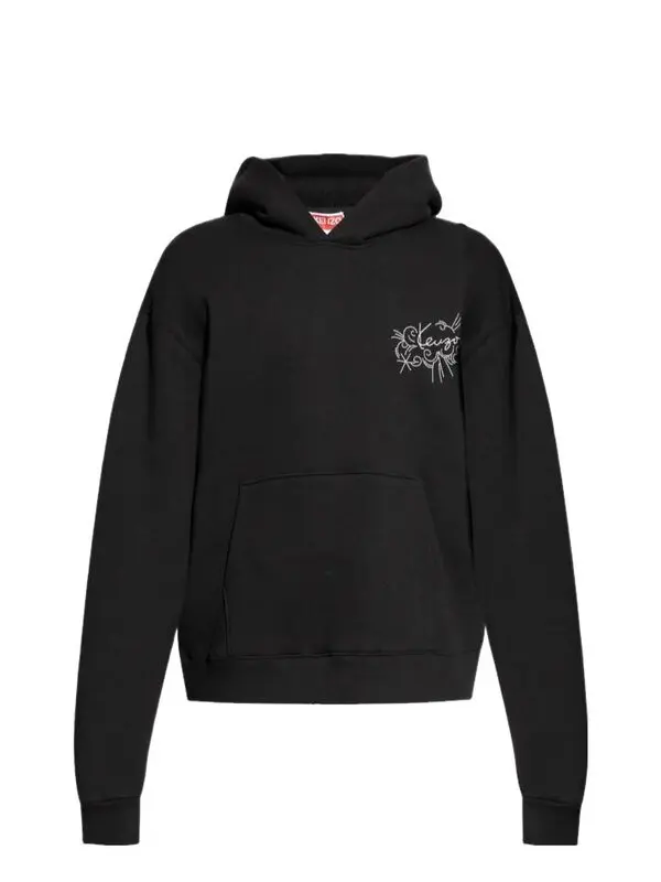 Kenzo Logo Embroidered Drop Shoulder Hoodie - Black
