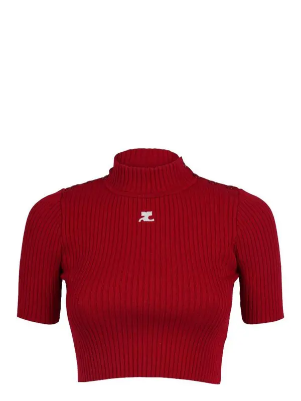 COURREGES Ribbed Cropped Jumper With High Neck - Red