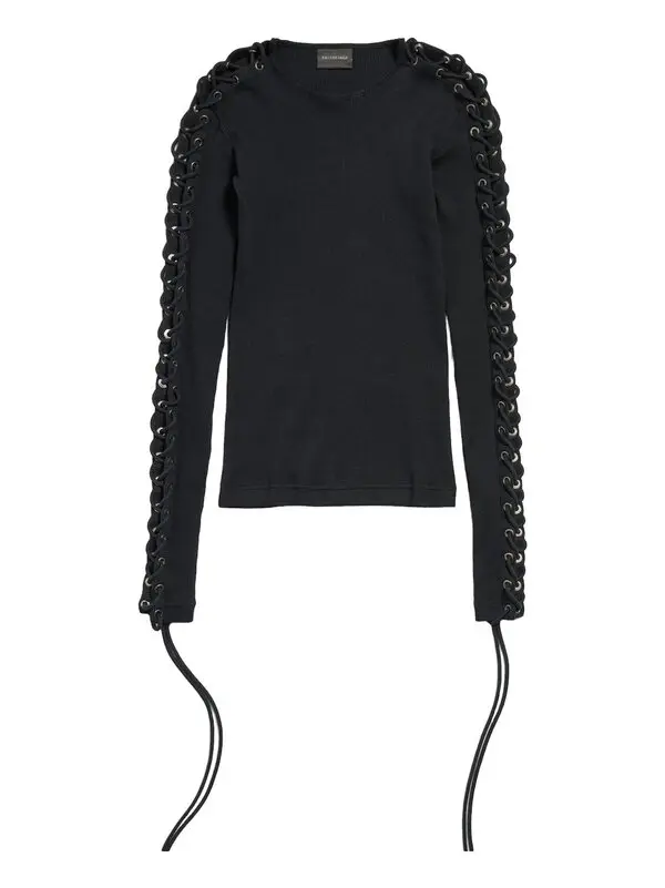 Balenciaga Ribbed Jersey Lace-up Long Sleeve Top - Black