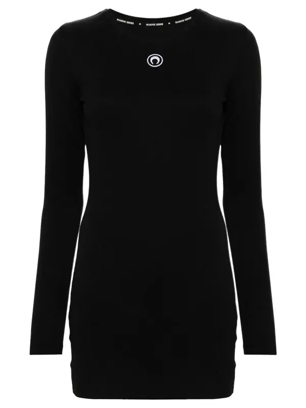 MARINE SERRE Logo Detailed Long Sleeve Mini Dress - Black