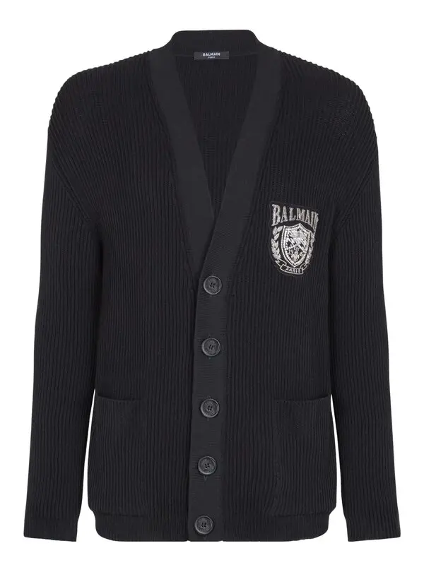 Balmain Tube Knit Cardigan With Embroidered Patch - Black