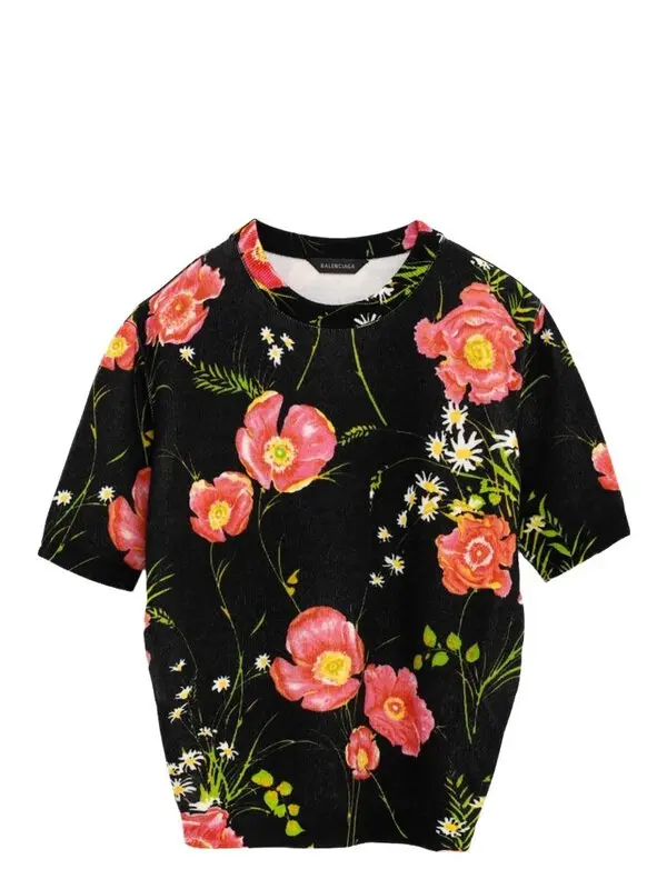 Balenciaga Floral Print Short Sleeve Knit Top - Black
