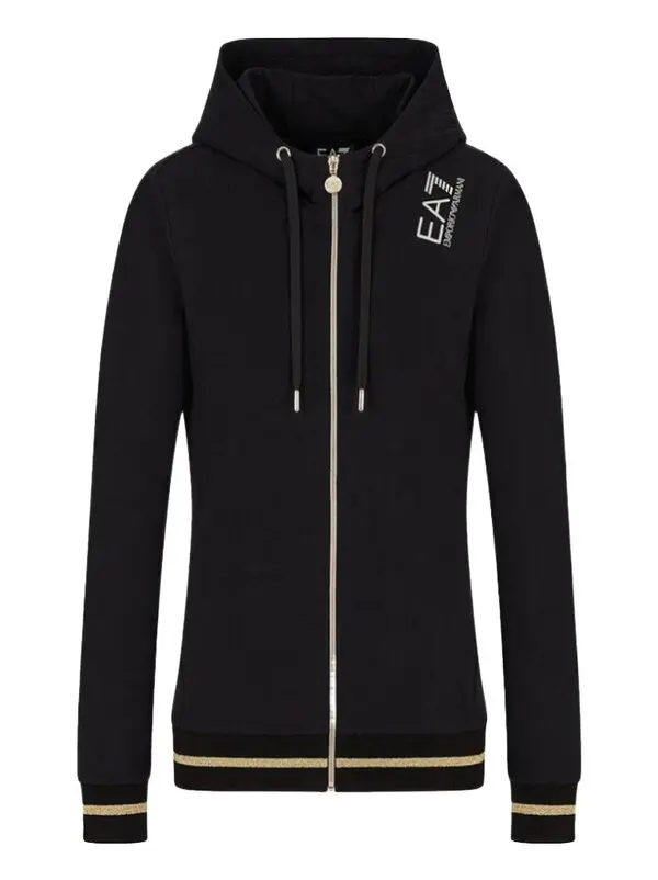 EA7 Full Zip Hoodie With Ribbed Trim - Black