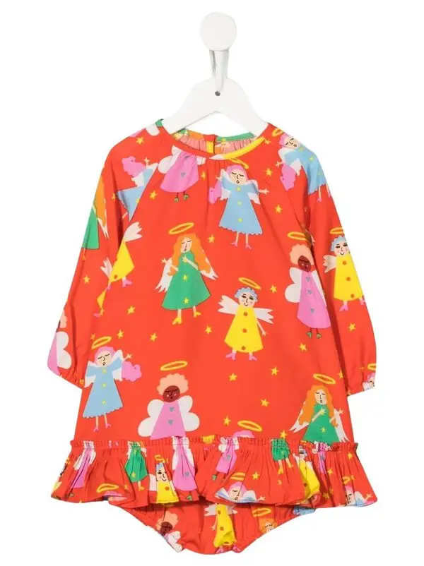 Stella McCartney Ruffled Angel Print Long Sleeve Dress - Orange