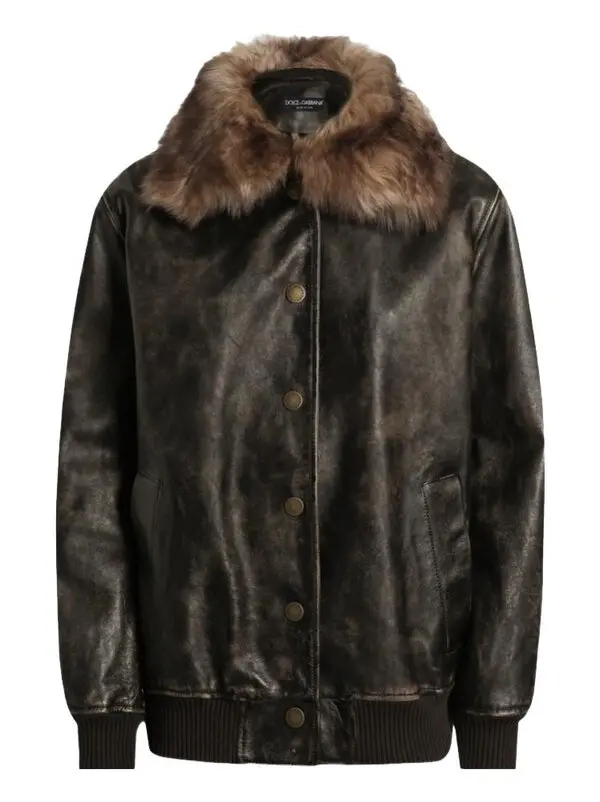 Dolce & Gabbana Leather Bomber Jacket With Fur Collar - Brown
