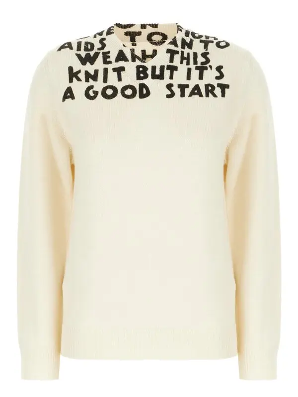 MAISON MARGIELA Lettering-print V-neck Wool Sweater - Off-white