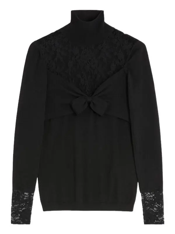 Valentino Garavani High Neck Lace Paneled Top With Bow Detail - Black
