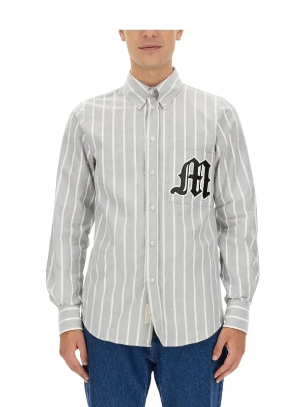 MSGM Logo Patch Striped Buttoned Shirt - Gray