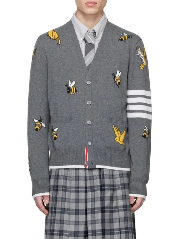 Thom Browne 4-bar Striped Buttoned Cardigan - Medium Gray