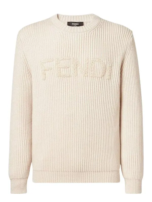 Fendi Fisherman's Rib Knit Crewneck Jumper With Embroidered Lettering - White