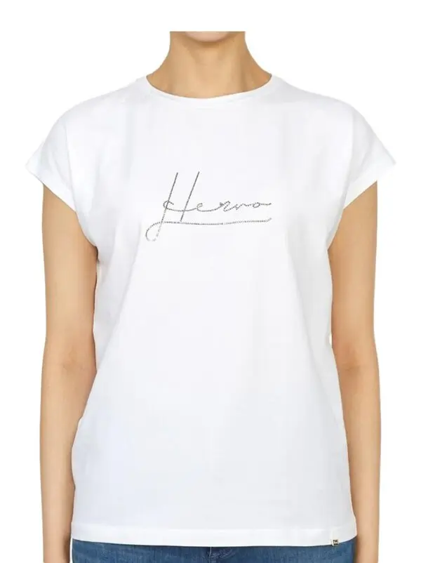 Herno Round Neck Short Sleeve T-shirt With Rhinestone Embellishment - White