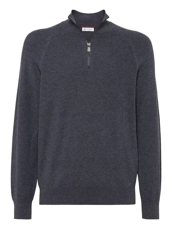 Brunello Cucinelli High Neck Zip-up Knitted Jumper - Medium Gray