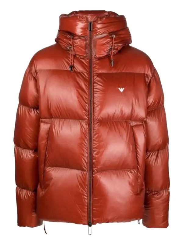 Emporio Armani Logo Embroidered Hooded Padded Jacket - Red