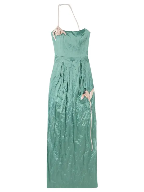 Erdem One-shoulder Beaded Appliqué Pleated Gown - Nile Green