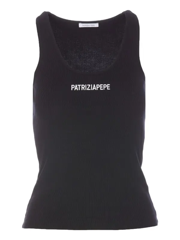 Patrizia Pepe Ribbed Tank Top With Logo Detail - Black