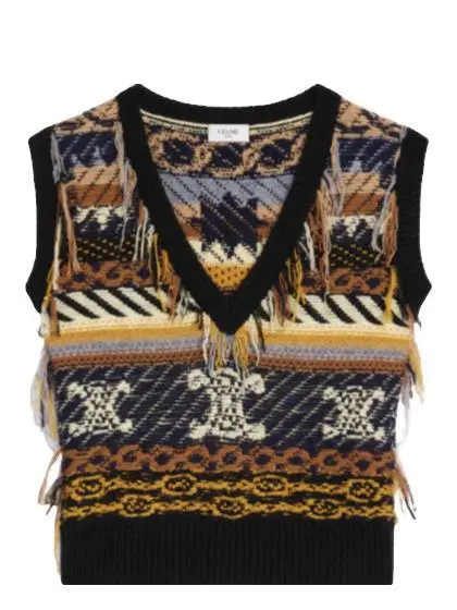 Celine Jacquard Cashmere V-neck Vest With Ribbed Trim - Brown/gray