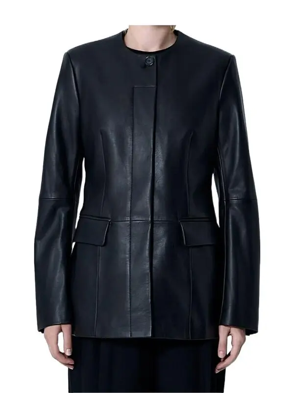 TOTEME Long Sleeve Crewneck Leather Jacket - Black