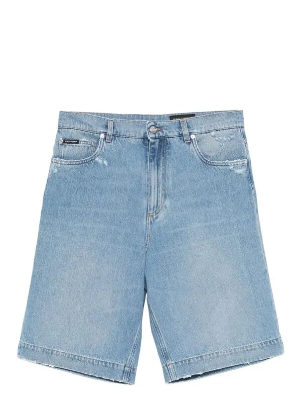 Dolce & Gabbana Distressed Logo Plaque Denim Shorts - Blue