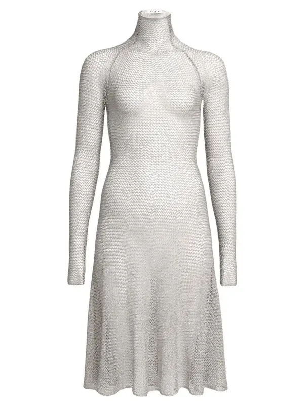 Alaïa Mesh Knit High Neck Long Sleeve Knee Length Dress - Silver