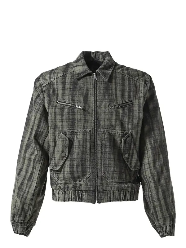 EGONLAB Distressed Checkered Denim Bomber Jacket - Multi-color