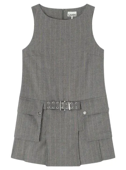 GANNI Striped Belted Wool Blend Mini Dress - Gray