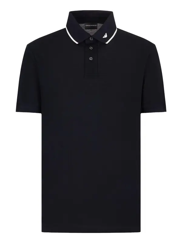 Emporio Armani Logo Embroidered Short Sleeved Polo Shirt - Navy Blue