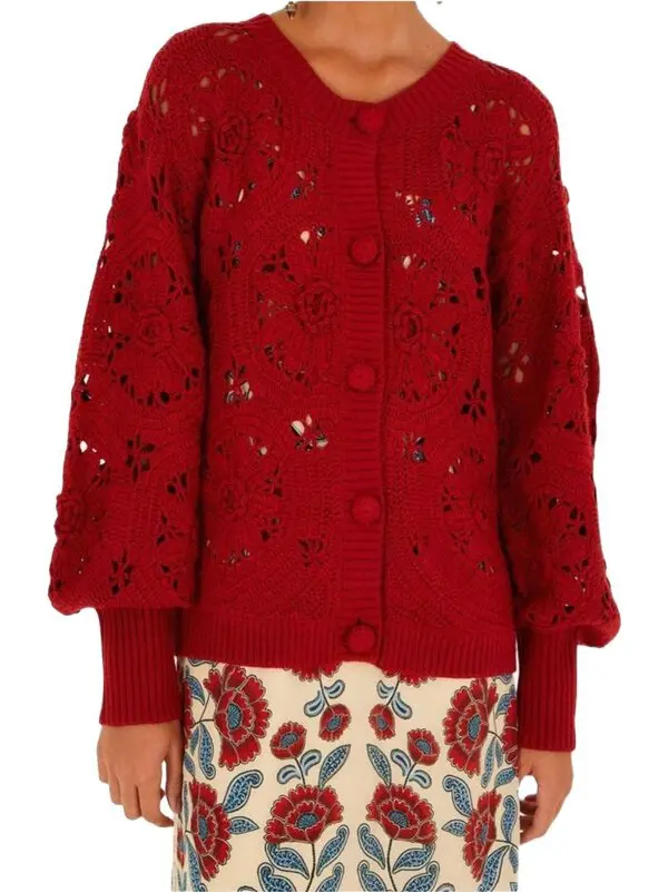 Farm Rio Crochet Floral Cardigan - Red