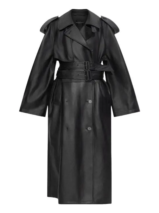Balenciaga Belted Leather Trench Coat - Black