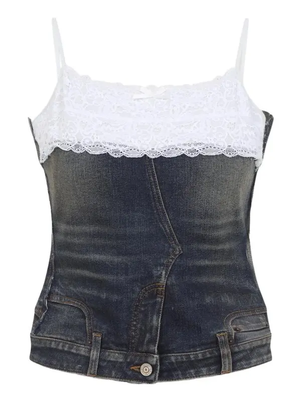 Balenciaga Patched Denim And Lace Tank Top - Black