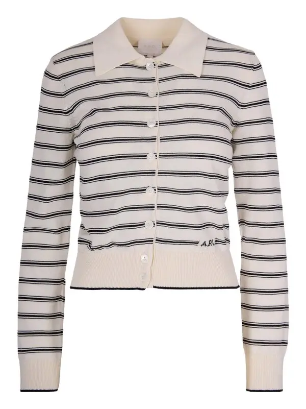 A.p.c. Striped Buttoned Cardigan With Turn-down Collar - Ecru/black