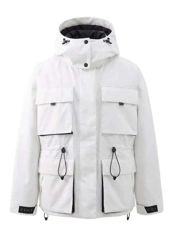 Gucci Gg Jacquard Hooded Jacket With Drawstring Accents - White