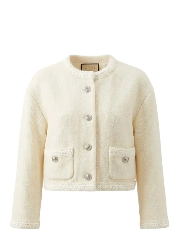 Gucci Cropped Tweed Blazer With Palladium Interlocking G Button - Nude
