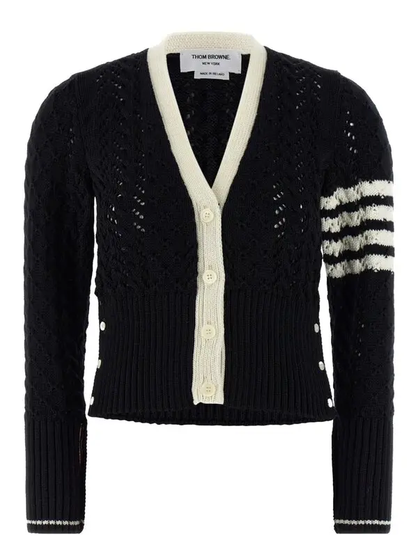 Thom Browne Long Sleeve V-neck Cardigan With Striped Sleeves - Blue