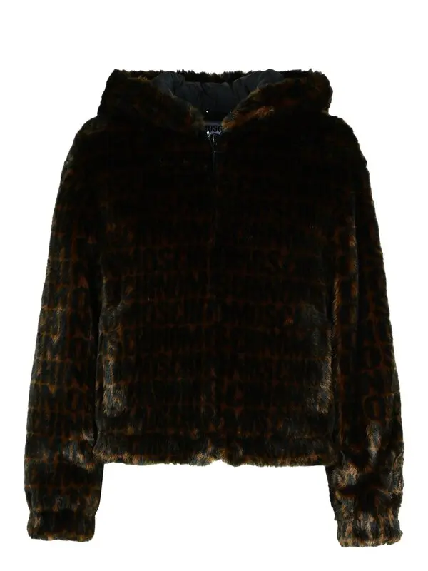 Moschino Zip-up Faux Fur Hooded Coat With Animal Print - Black