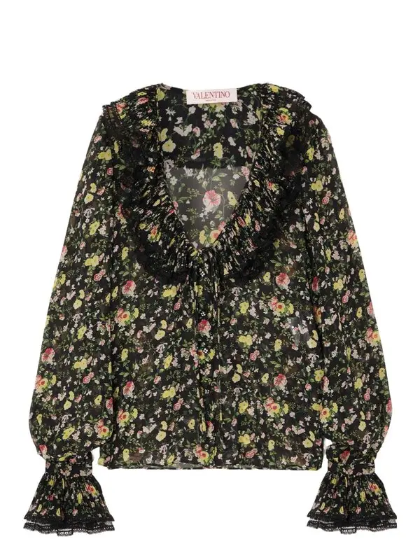 Valentino Garavani Ruffled Floral Print Silk Shirt - Black