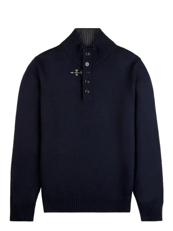 FAY Wool Button Detailed Mock Neck Sweater - Blue
