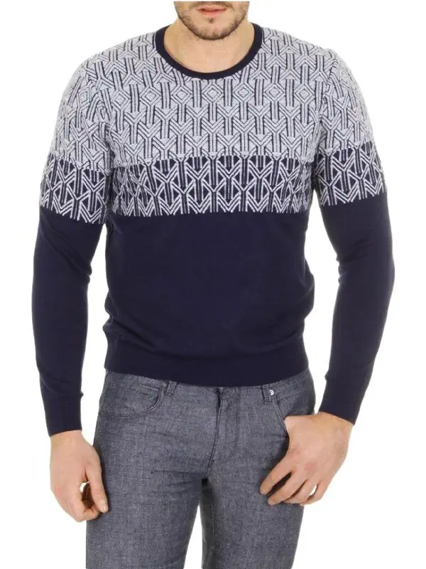 Giorgio Armani Round-neck Long-sleeved Knitted Sweater With Geometric Pattern - Black