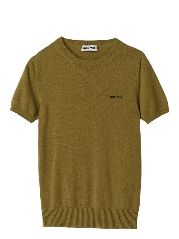 Miu Miu Logo Intarsia Knitted Short-sleeved Pullover - Green