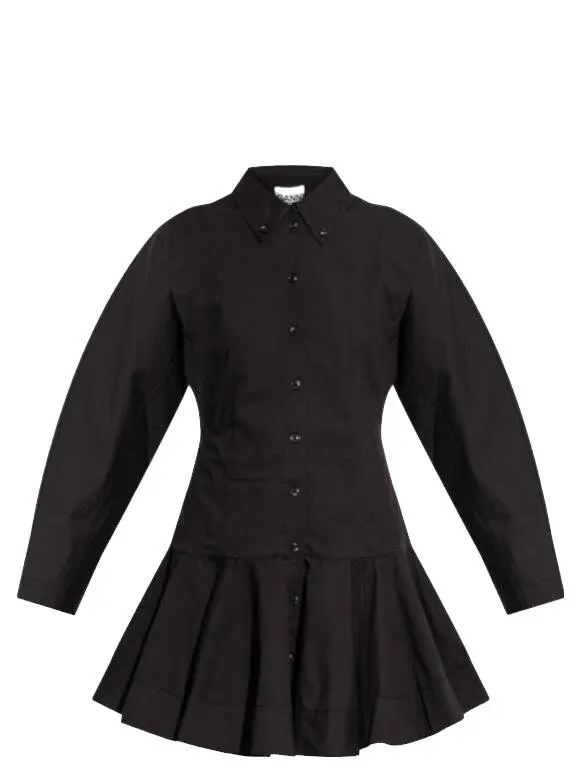 GANNI Mini Shirt Dress With Ruffled Hem - Black
