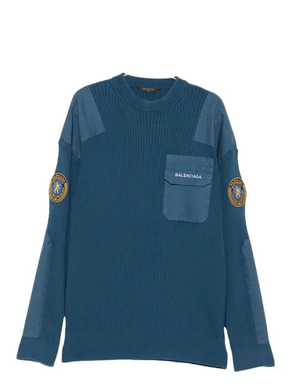 Balenciaga Knitted Jumper With Cuff Badge - Blue