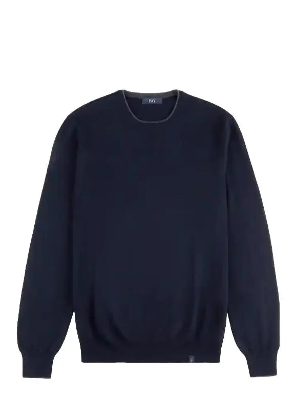 FAY Round Neck Jumper With Contrast Patch Detail - Blue