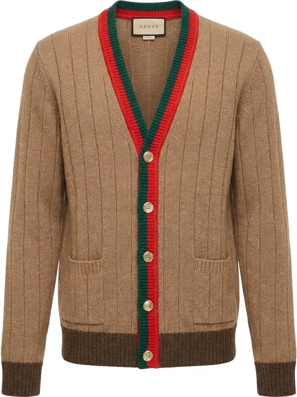 Gucci Web Stripe V-neck Ribbed Knit Cardigan - Nude