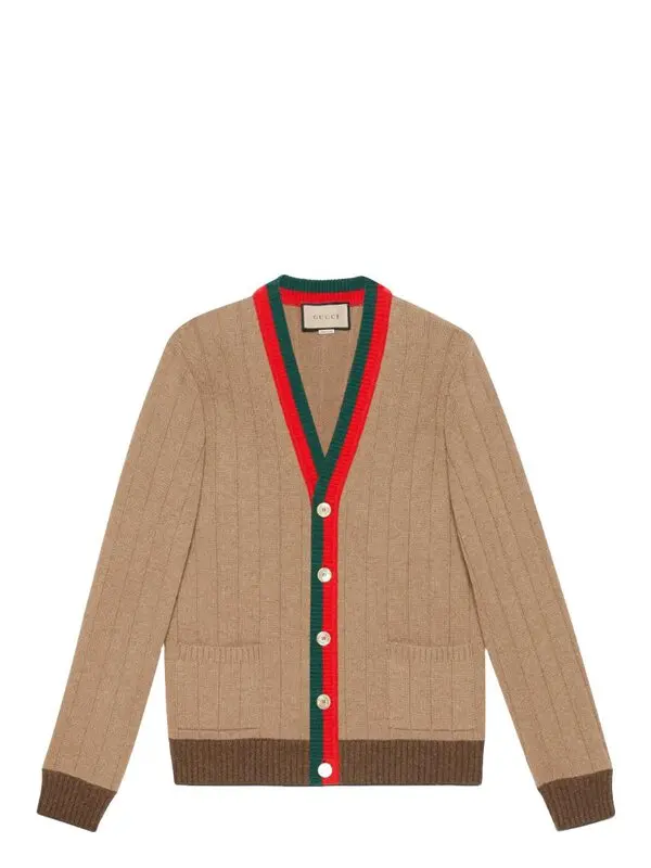 Gucci Web Stripe V-neck Ribbed Knit Cardigan - Nude