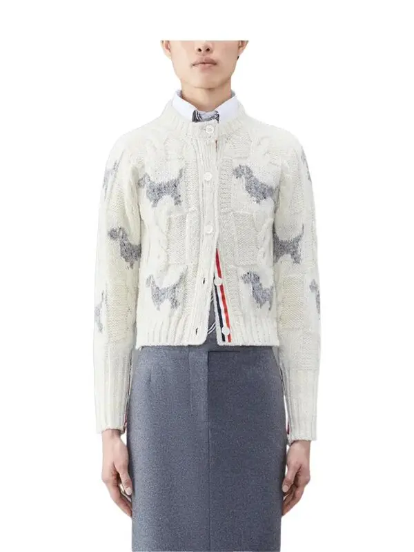 Thom Browne Hector Cable-knit Cardigan With Dog Intarsia - White