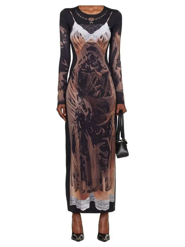 MARINE SERRE Long Sleeve Stretch Knit Maxi Dress - Black