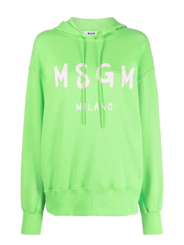 MSGM Logo Print Drawstring Hoodie - Green