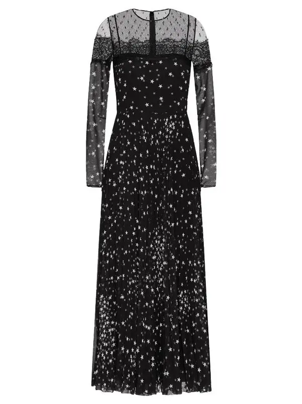 Red Valentino Long Sleeve Printed Pleated Dress - Black