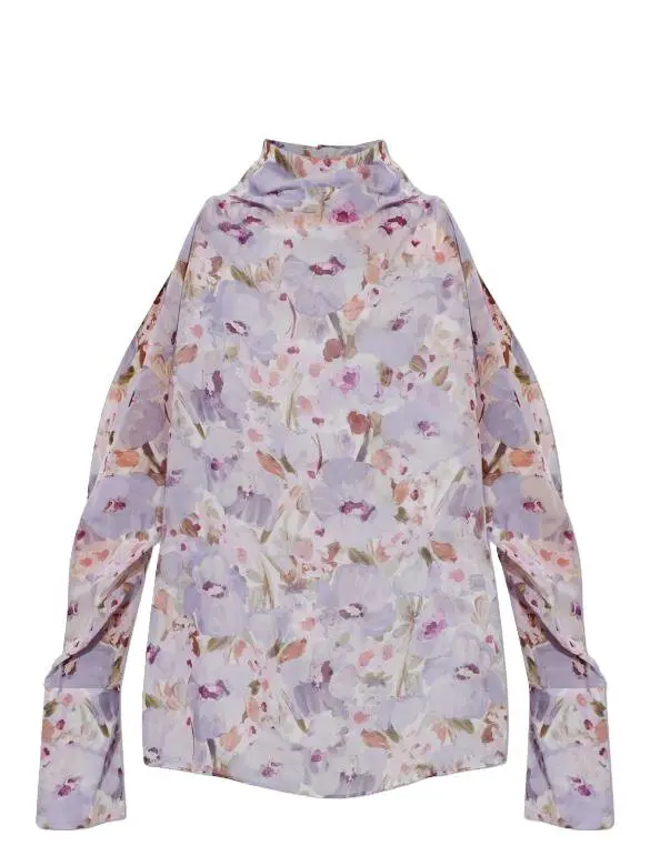 Balmain High Neck Floral Print Blouse - Gray