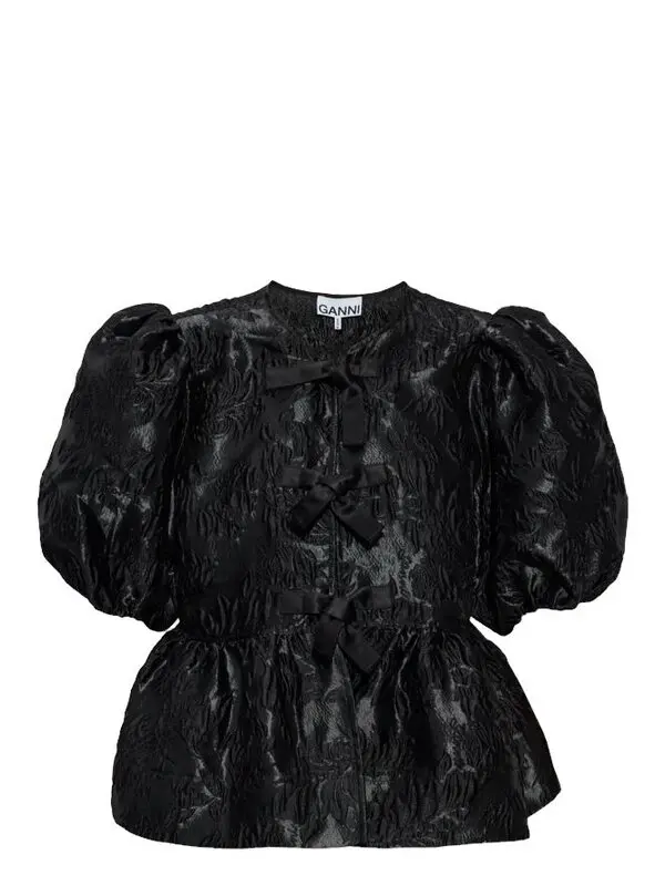 GANNI Peplum Tie Blouse With Puff Sleeves And Floral Embossing - Black